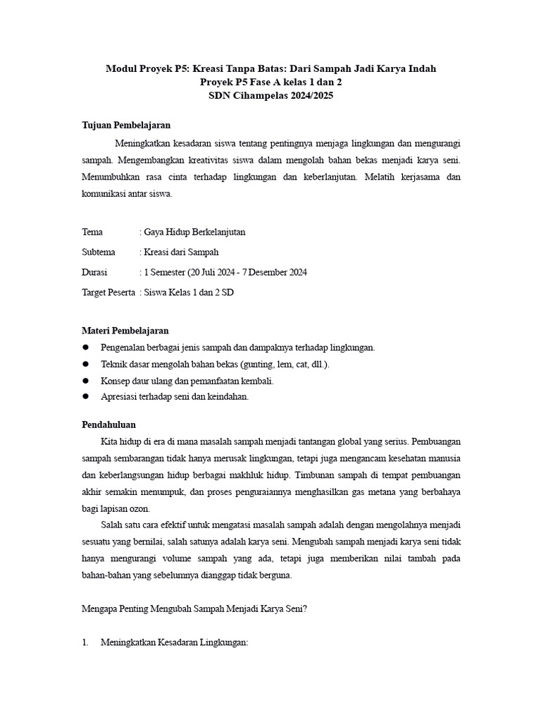 Modul Proyek P5 Kelas 1 Dan 2 | PDF
