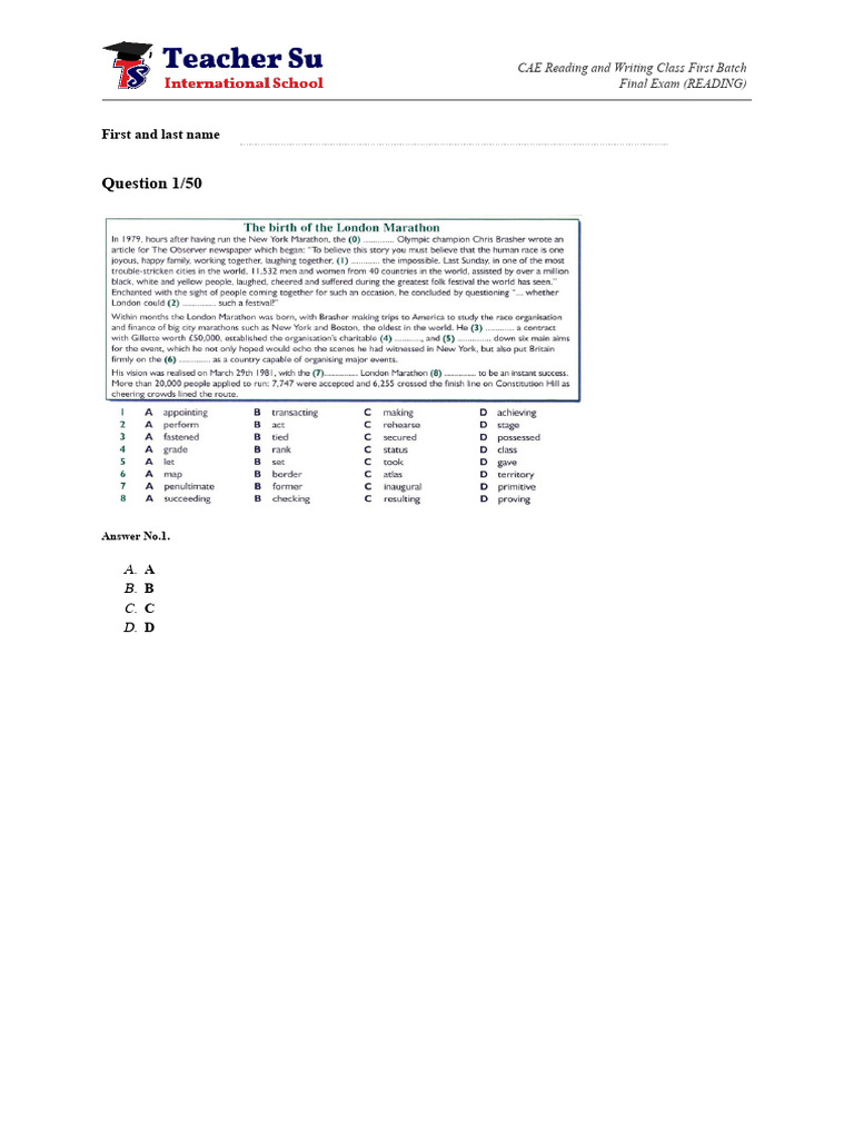 CAE Reading and Writing Class First Batch Final Exam (READING) | PDF