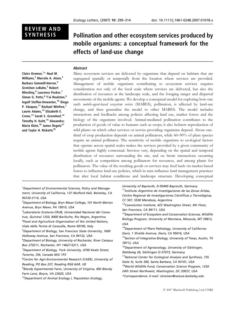 Pollination and Other Ecosystem Services Produced by Mobile Organism-A ...