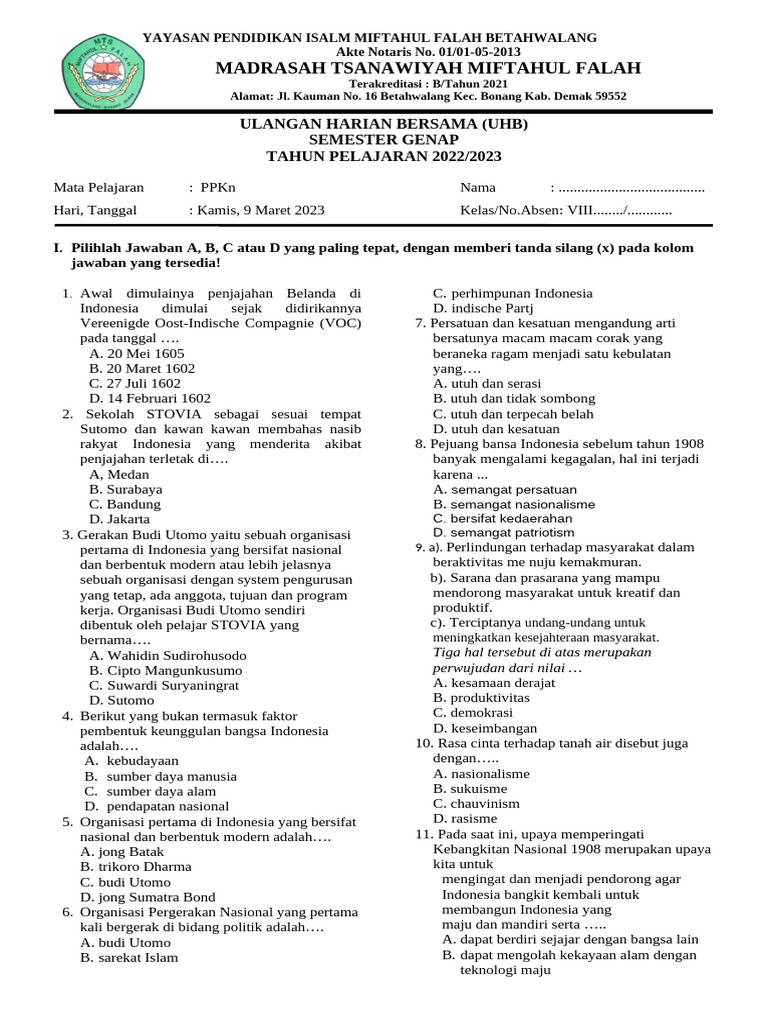 SOAL UHB PKN VIII Genap 22-23 | PDF