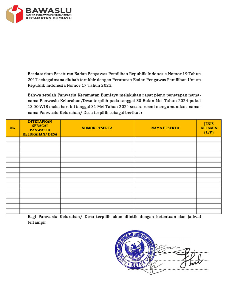 Pengumuman Seleksi PKD Kecamatan Bumiayu | PDF
