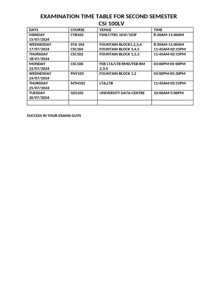 Examination Time Table For Second Semester 2023 2024 | PDF