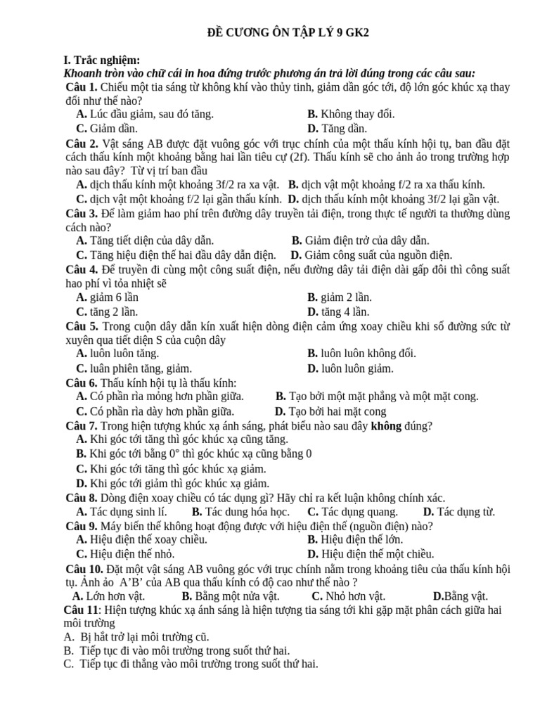 ĐỀ CƯƠNG LÍ 9 GK2 Sao chép | PDF