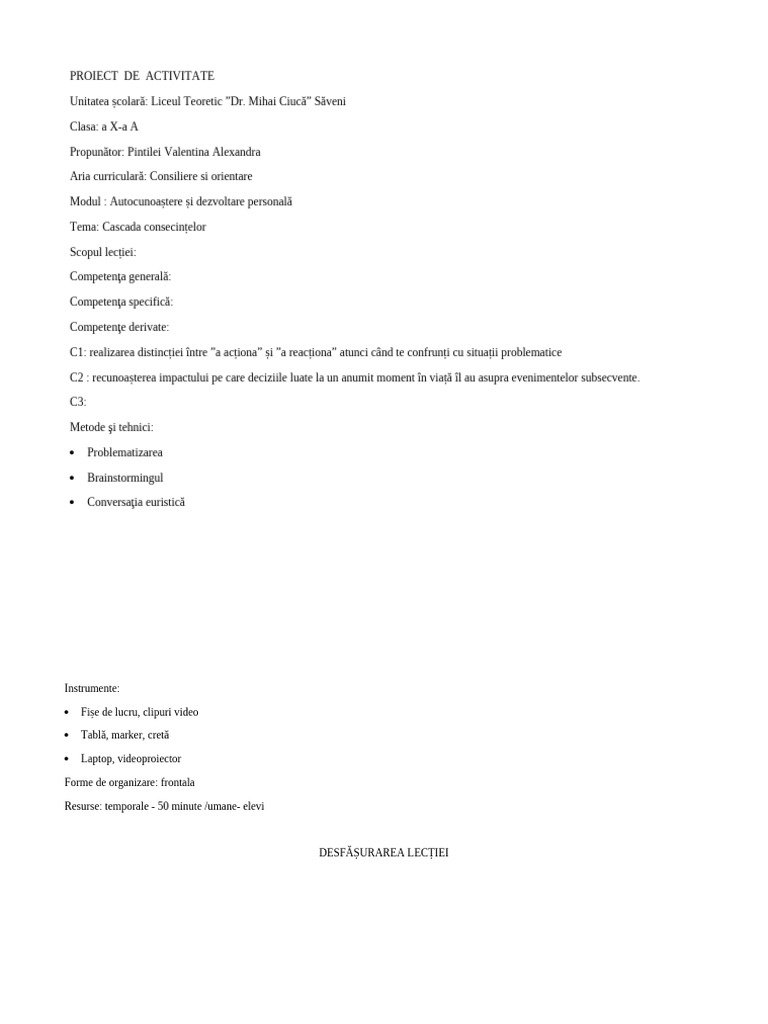 PROIECT DE ACTIVITATE XC | PDF