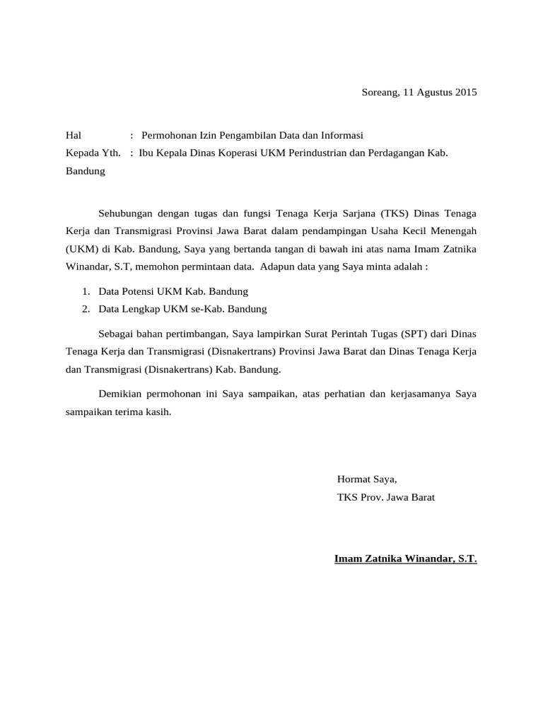 Surat Permohonan Data ke Dinas Koperasi | PDF