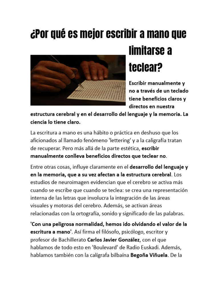 Por Qué Es Mejor Escribir A Mano Que Limitarse A Teclear | PDF