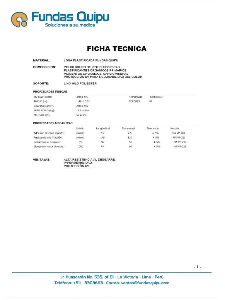 Lona Plastificada Fundas Quipu, Ficha Tecnica | PDF