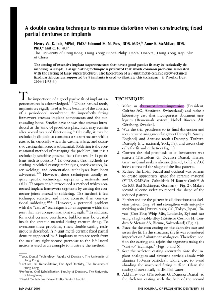 A Double Casting Technique To Minimize Distortion When Constructing Fixed Partial Dentures On ...