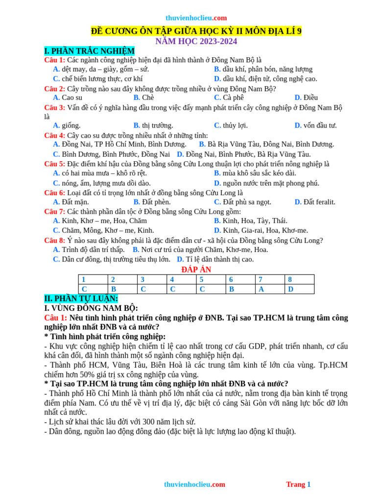 De Cuong On Tap Giua HK2 Dia Li 9 Nam 23 24 | PDF