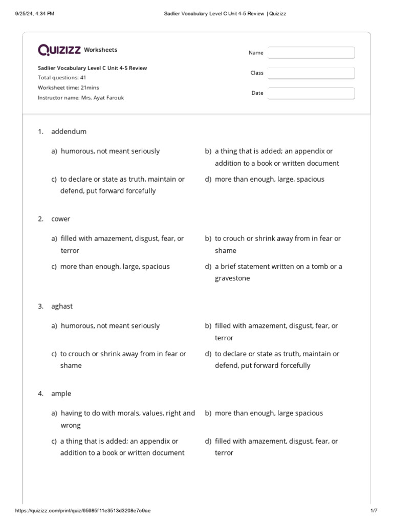 Sadlier Vocabulary Level C Unit 4-5 Review | PDF | Social Psychology ...