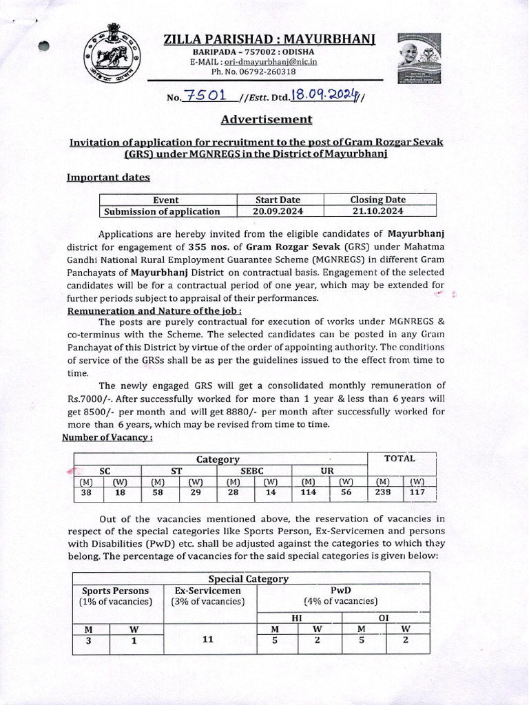 Notification ZP Mayurbhanj Gram Rozgar Sevak Posts | PDF