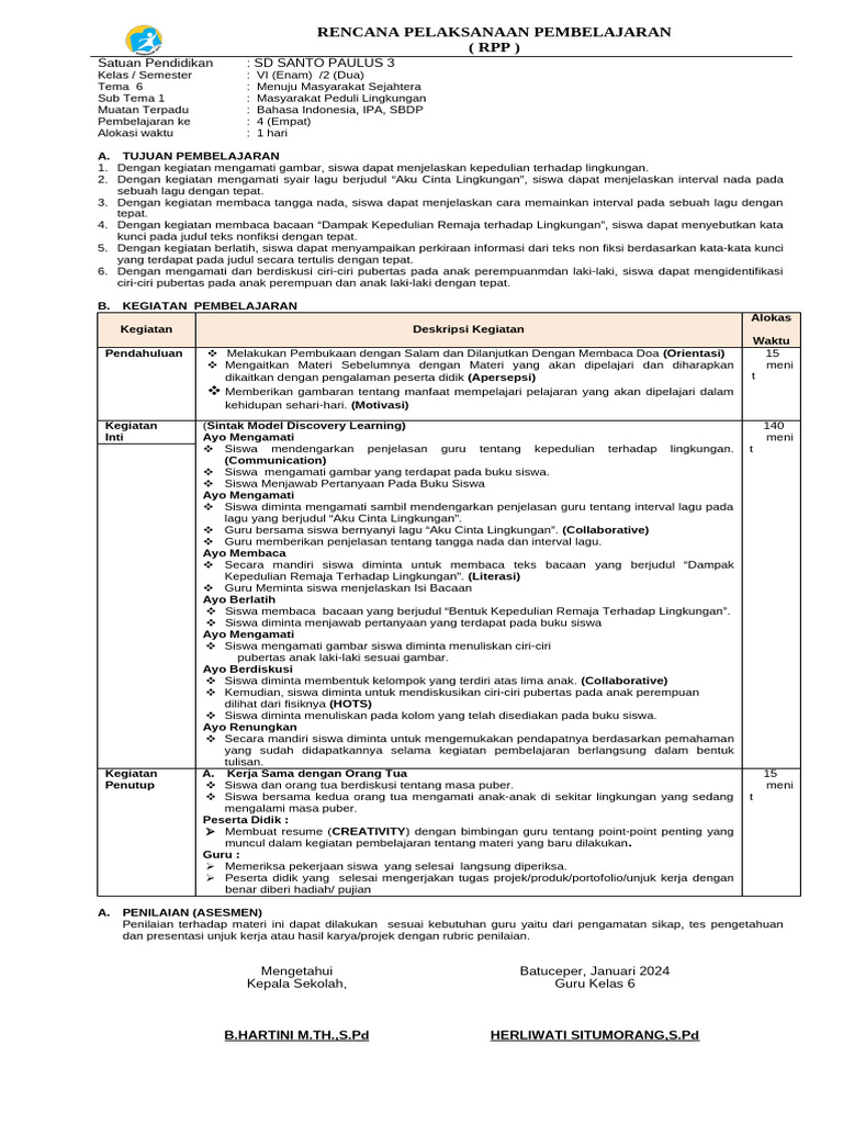Rencana Pelaksanaan Pembelajaran (RPP) : Satuan Pendidikan: SD Santo ...