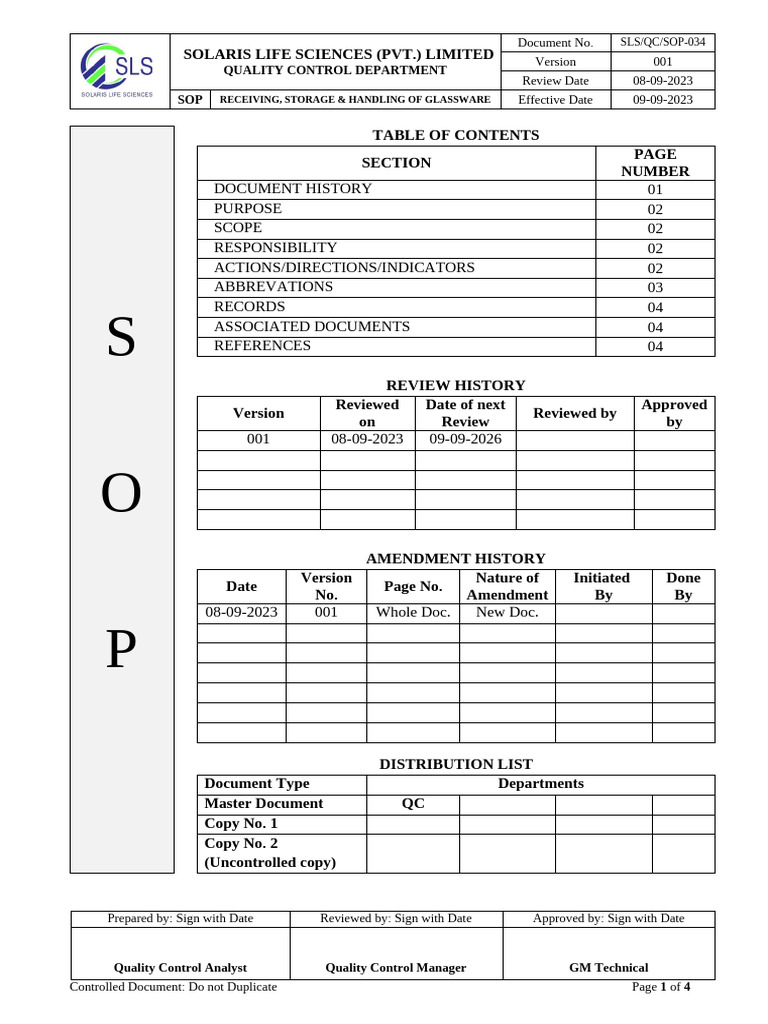 SOP For (Receiving, Placement, Storage & Handling of Glassware. | PDF