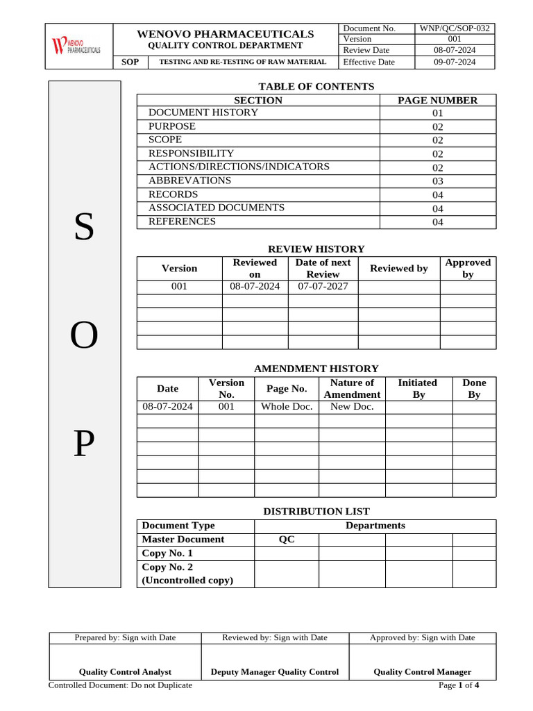 SOP For (Testing and Retesting of Raw Material | PDF