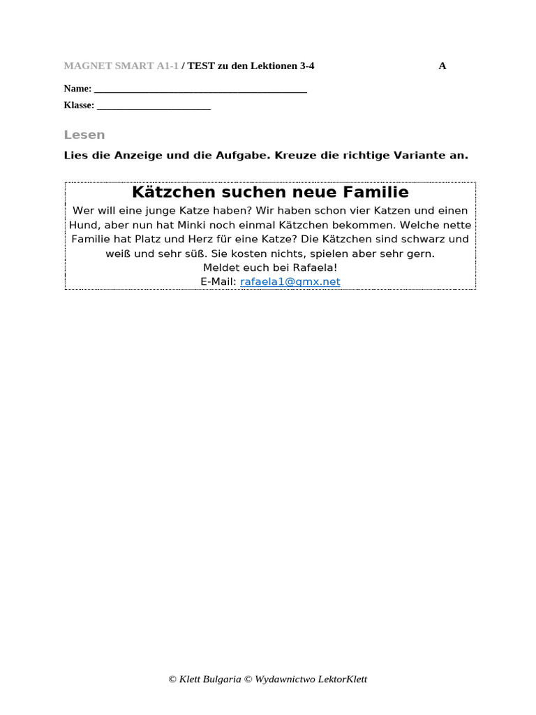 06 Magnet Smart A1-1 Test Lektionen 3-4 A | PDF