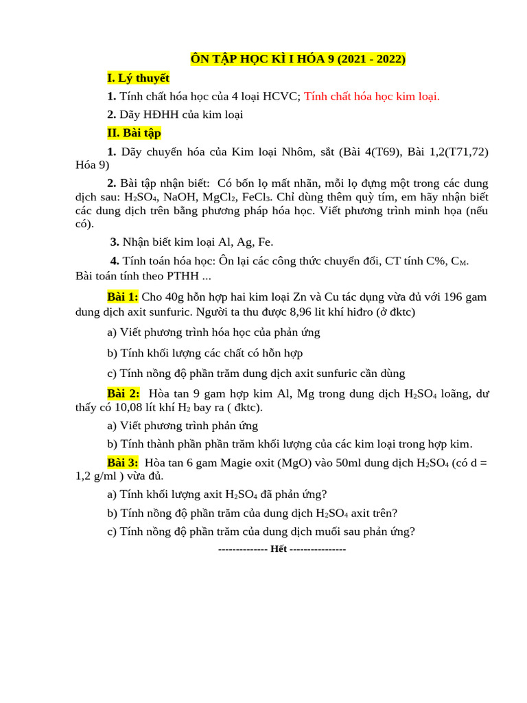 Ôn Hóa 9 Kì I. LTV | PDF