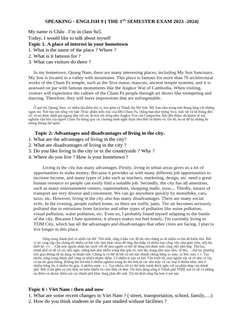 Nói Anh 9 HK 1 (23-24) | PDF