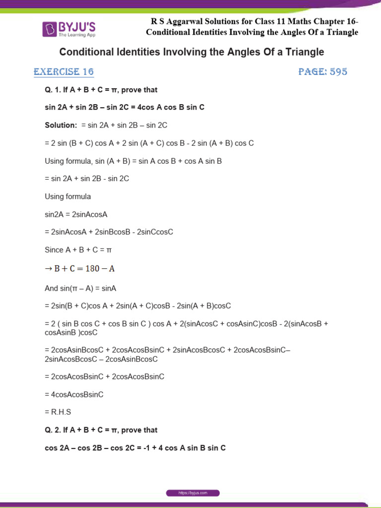R S Aggarwal Solutions Class 11 Maths Chapter 16 Conditional Identities ...