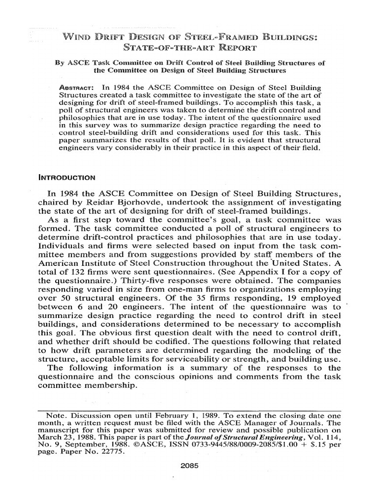 Wind Drift Design of Steel Framed Buildings State of The Art Report | PDF