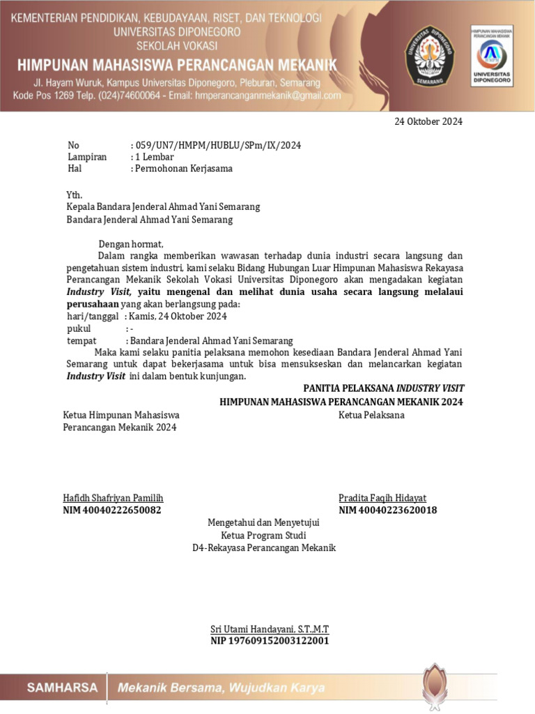 059 Surat Permohonan Kerjasama Industry Visit 2024 | PDF