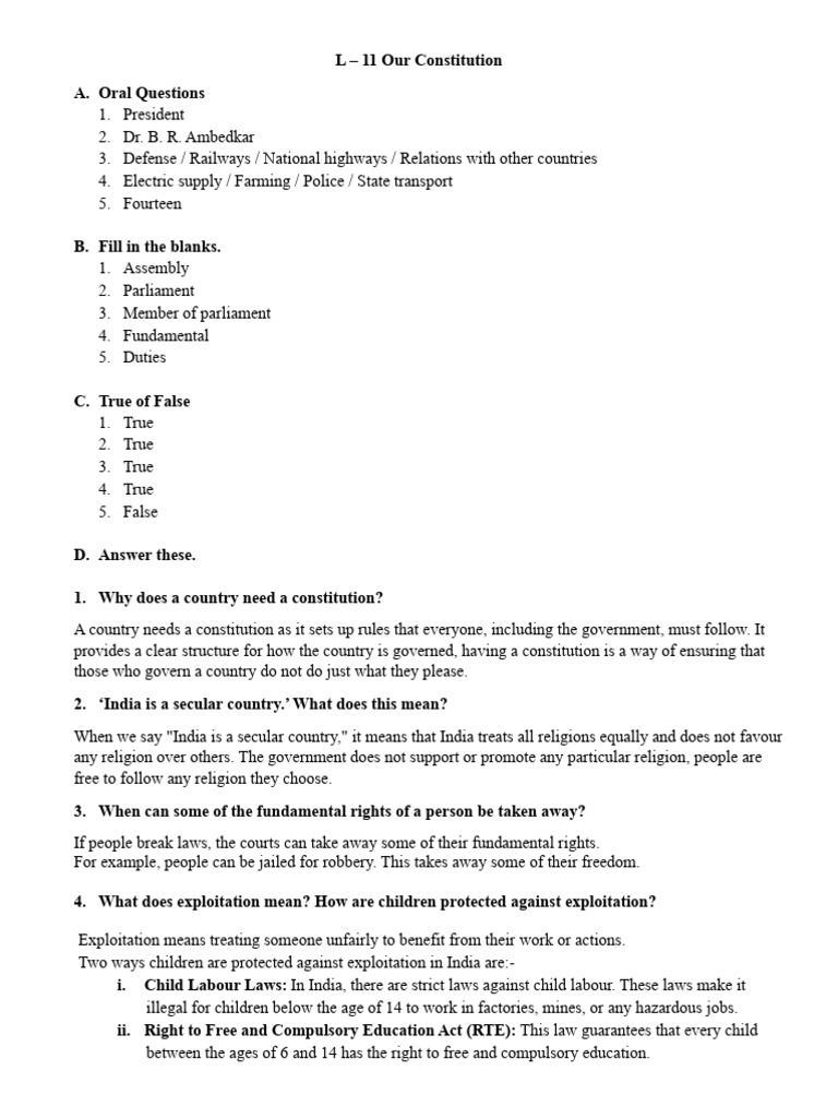 Grade 5 L-11 Our Constitution Answer Key | PDF