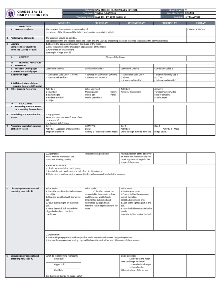 DLL - Science 5 - Q4 - W7 | PDF