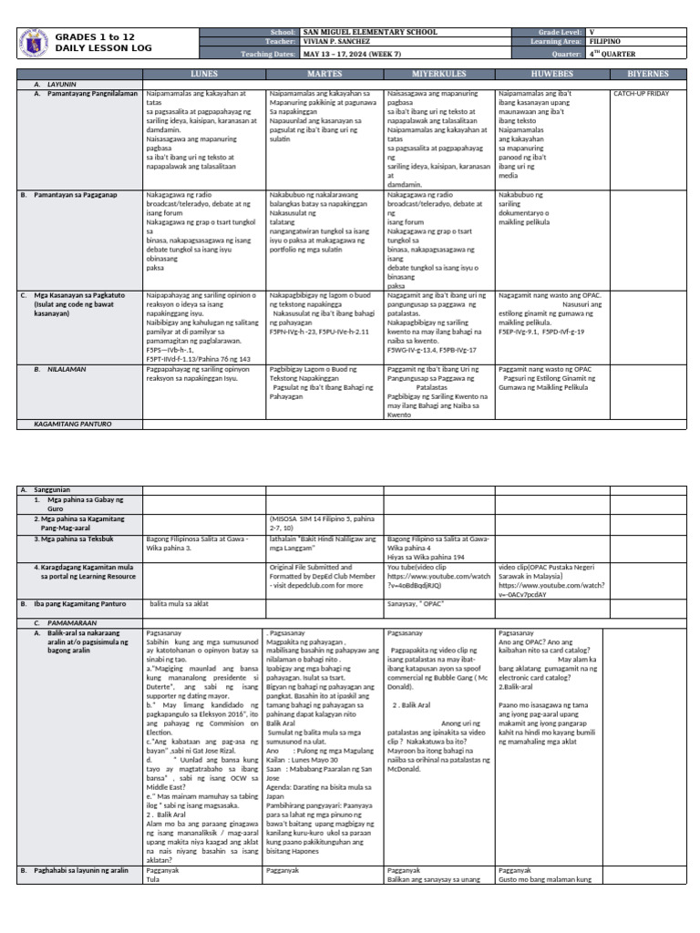 DLL - Filipino 5 - Q4 - W7 | PDF
