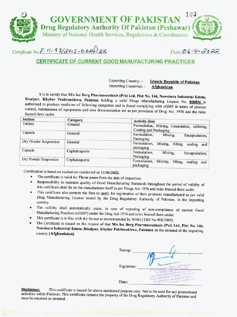 Certificate of Current Good Manufacturing Practices | PDF