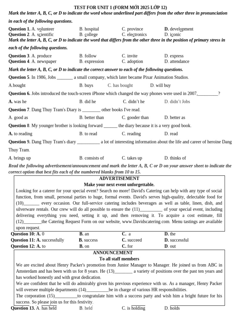 (HUONG) Test For Unit 1 | PDF
