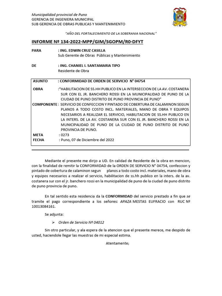 INFORME #134-2022-MPP/GIM/SGOPM/R0-DFYT: Para: Ing. Edwin Cruz Casilla ...