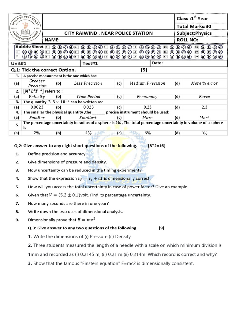 1st Year Physics (Sample) | PDF