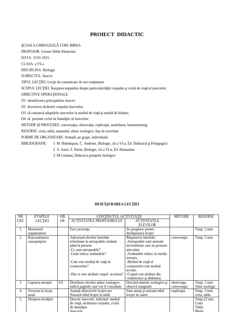 PROIECT DE LECTIE Insecte | PDF