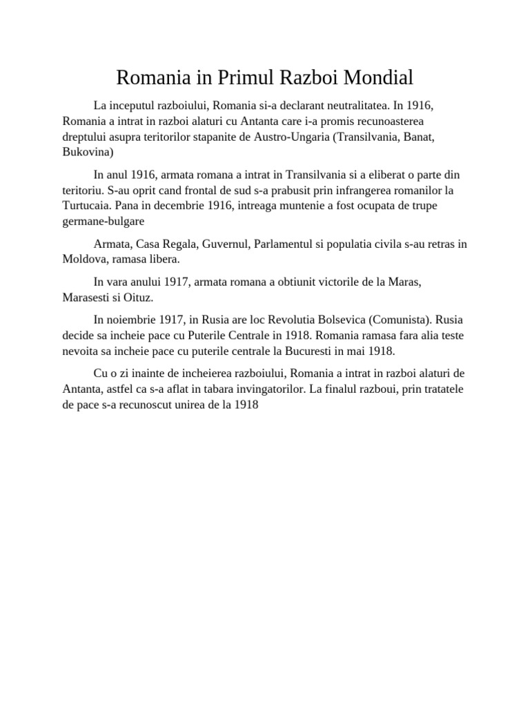 Romania in Primul Razboi Mondial | PDF