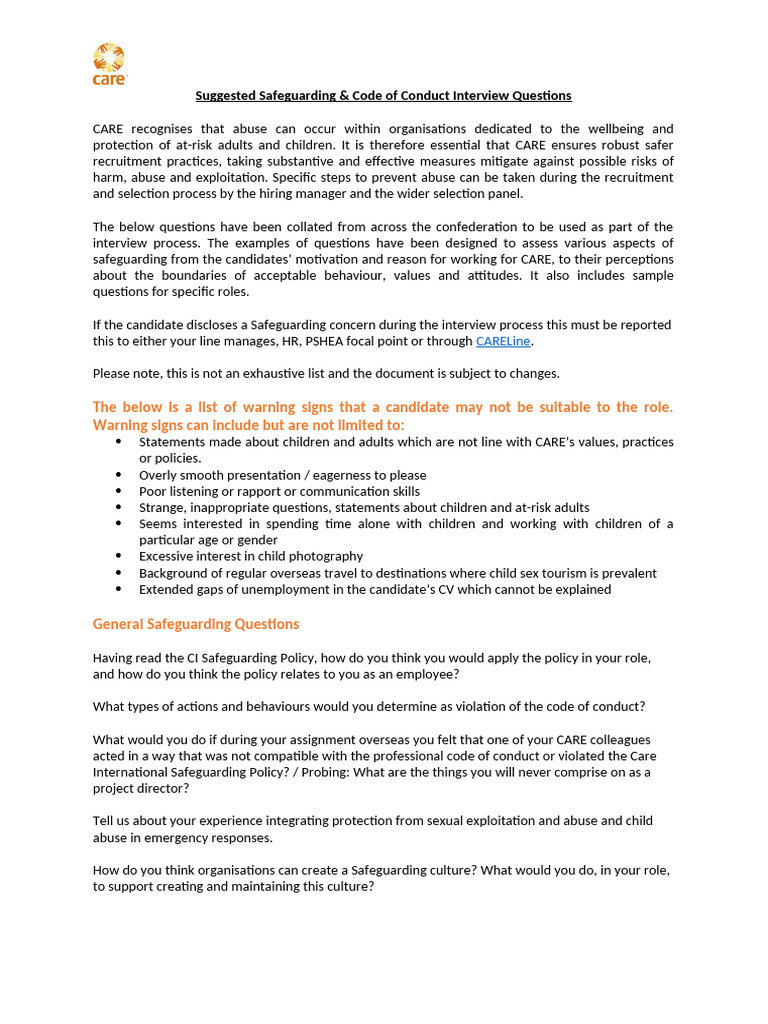 Safeguarding and Code of Conduct Questions For Interview | PDF