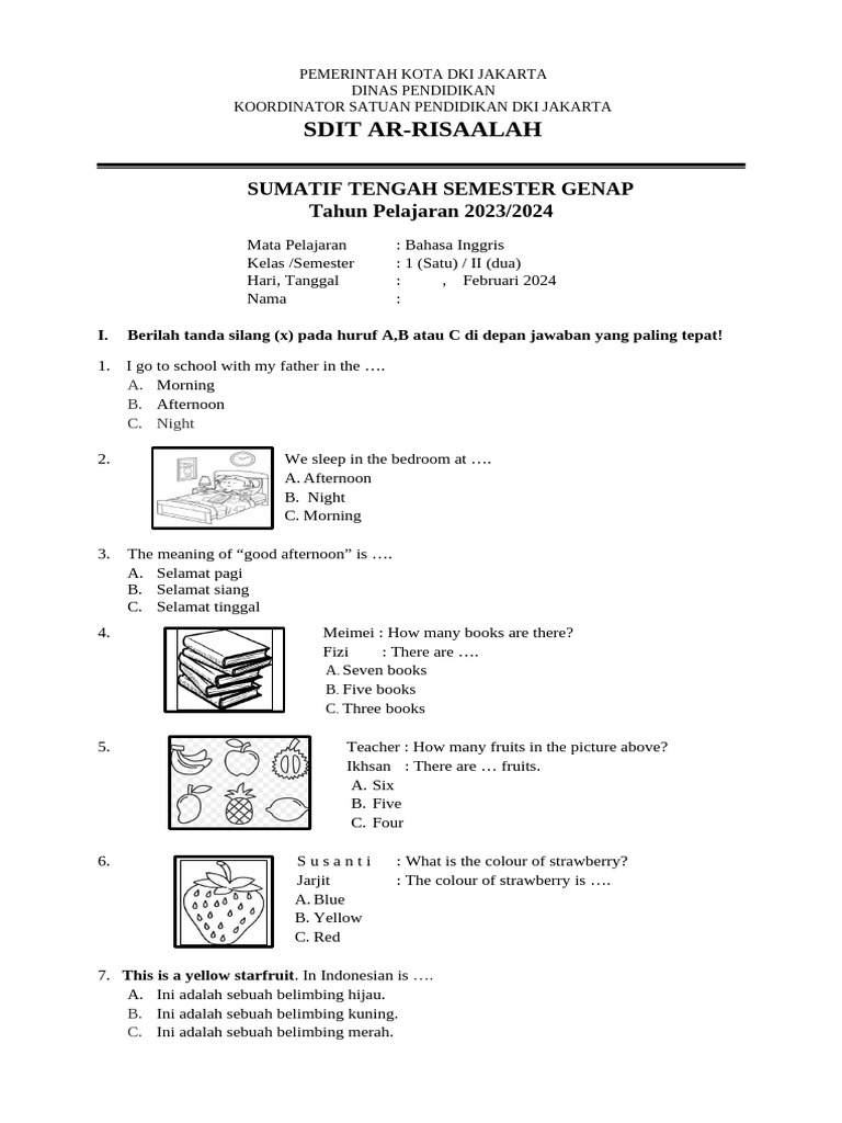 SOAL STS 2 BAHASA INGGRIS KELAS 1 | PDF