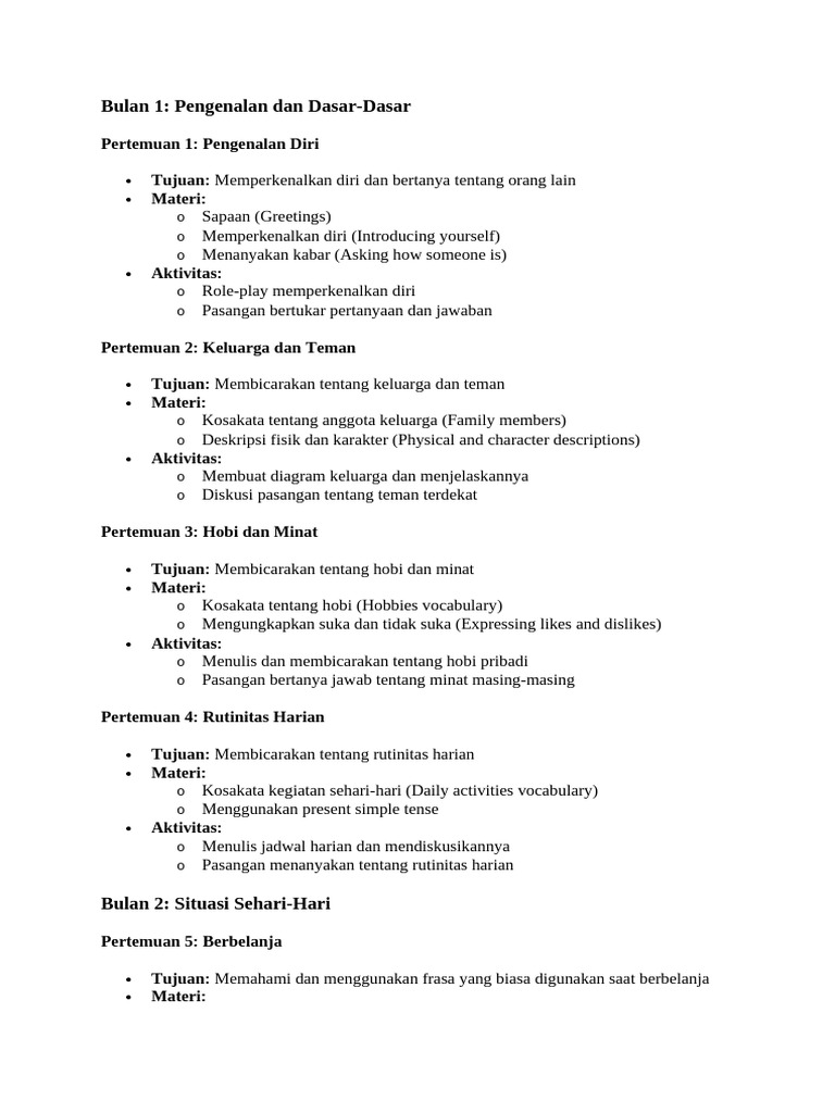 Lesson Plan - Conversation Level Beginner (24 X Pertemuan) | PDF