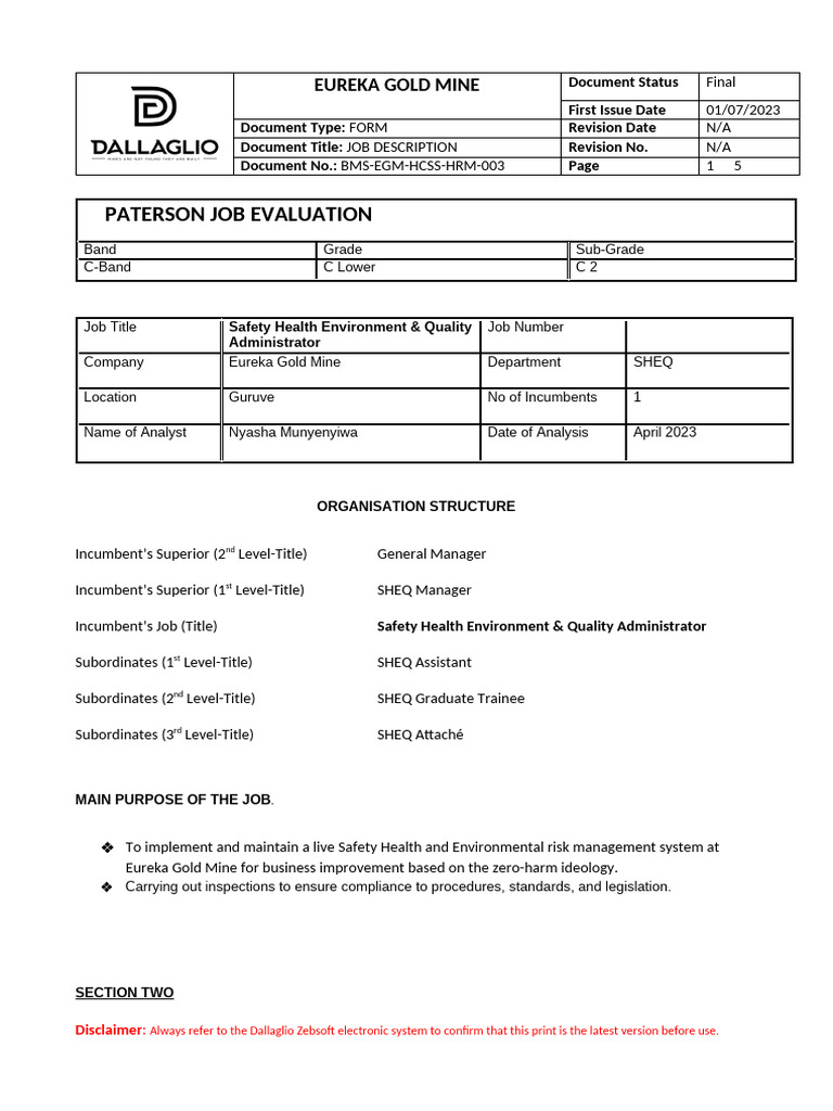 SHEQ Administrator Job Description | PDF