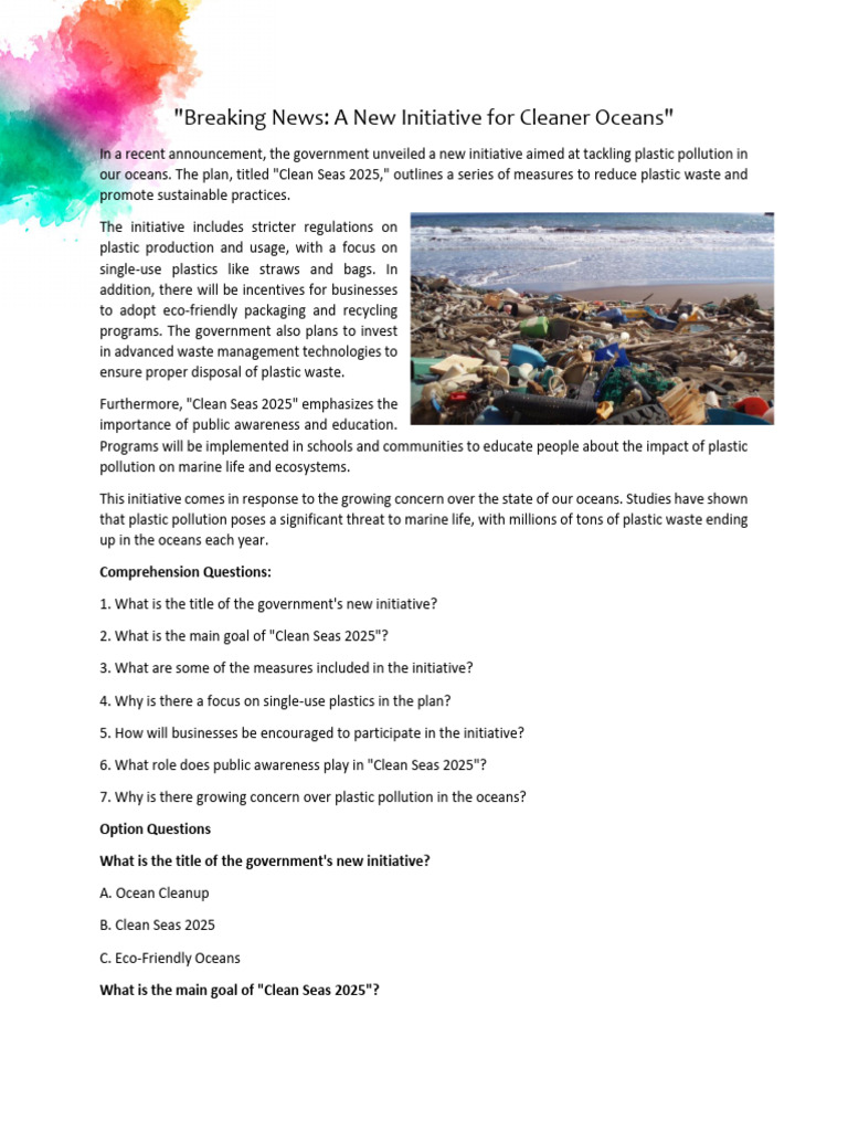 B1 Reading - Breaking News A New Initiative For Cleaner Oceans | PDF