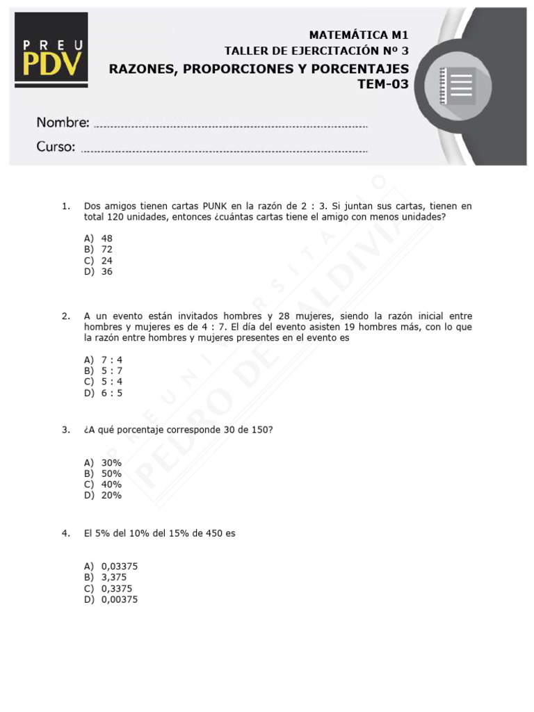 Taller Razones, - Proporciones, - Porcentajes PDV | PDF
