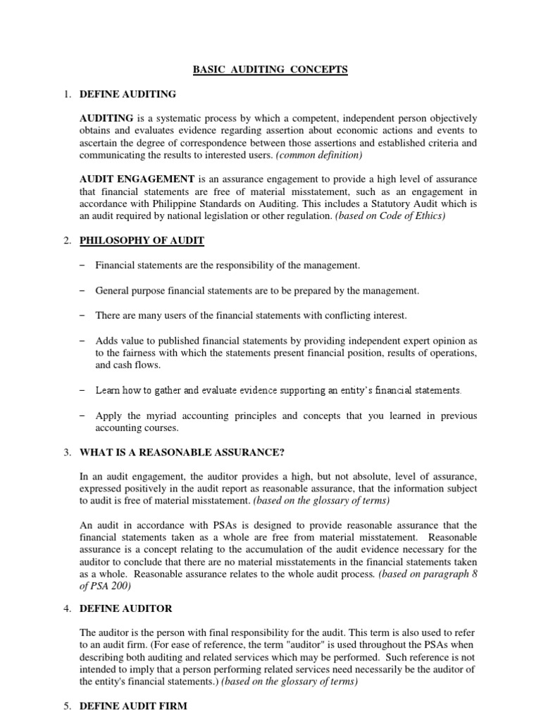 Basic Concepts of Auditing Explained | PDF | Financial Audit | Auditor ...