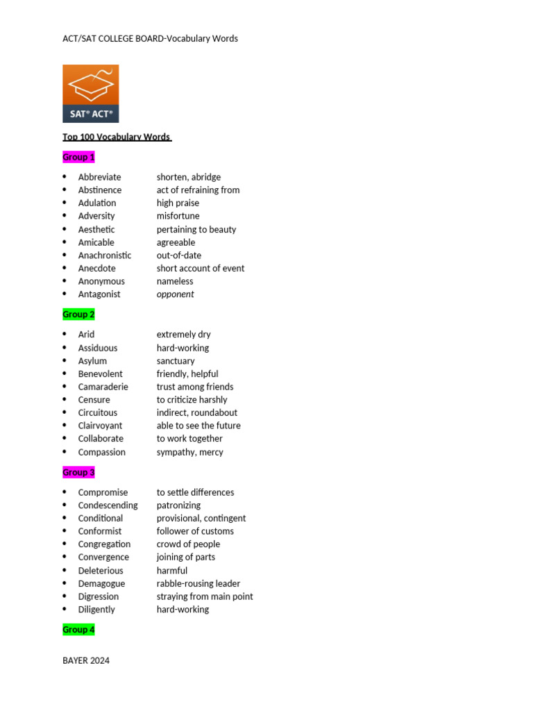 Top 100 ACT/SAT Vocabulary Words | PDF | Psychology | Emotions