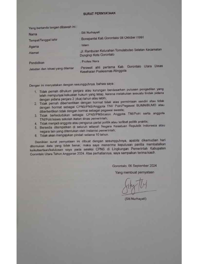 Surat Pernyataan Siti - 11zon | PDF