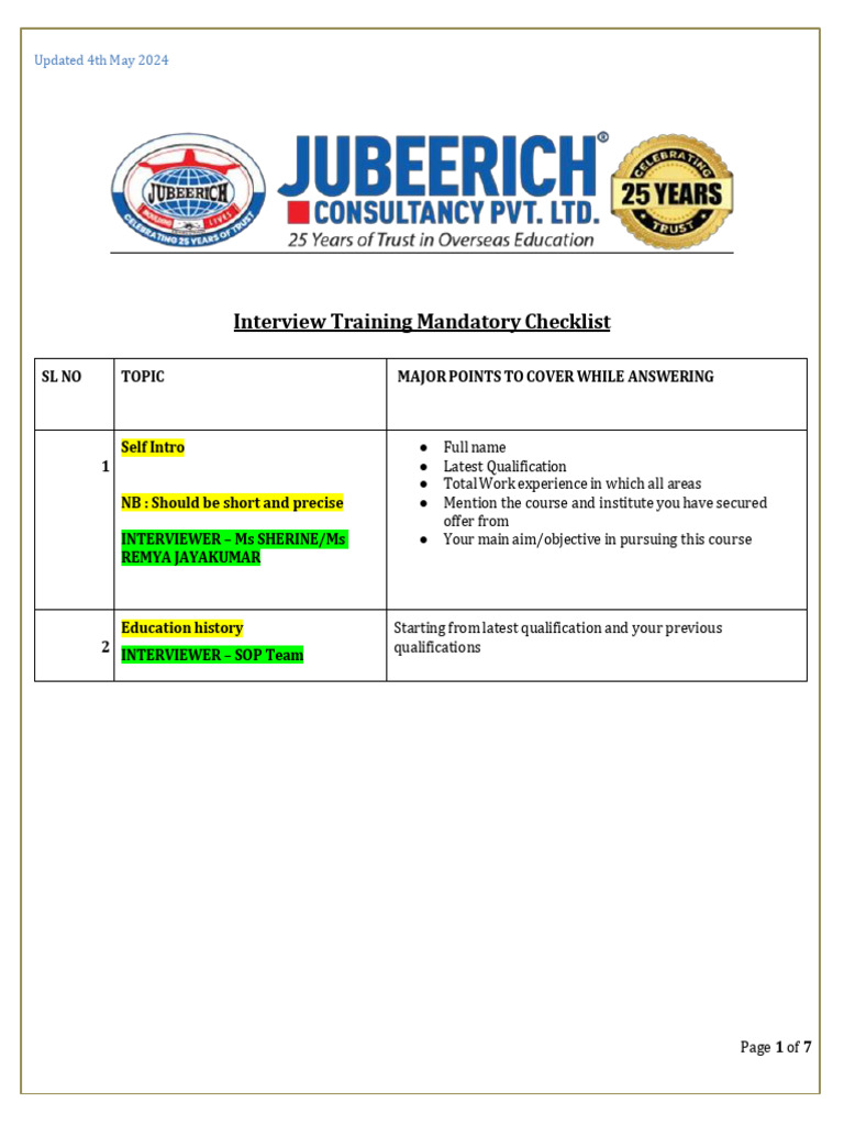 Interview Training Mandatory Checklist - COMMON - 4th May 2024 | PDF