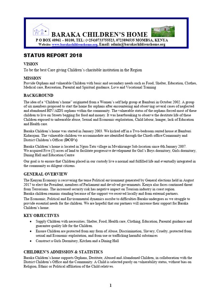 Baraka Childrens Home Status Report | PDF | Poverty | Social Science