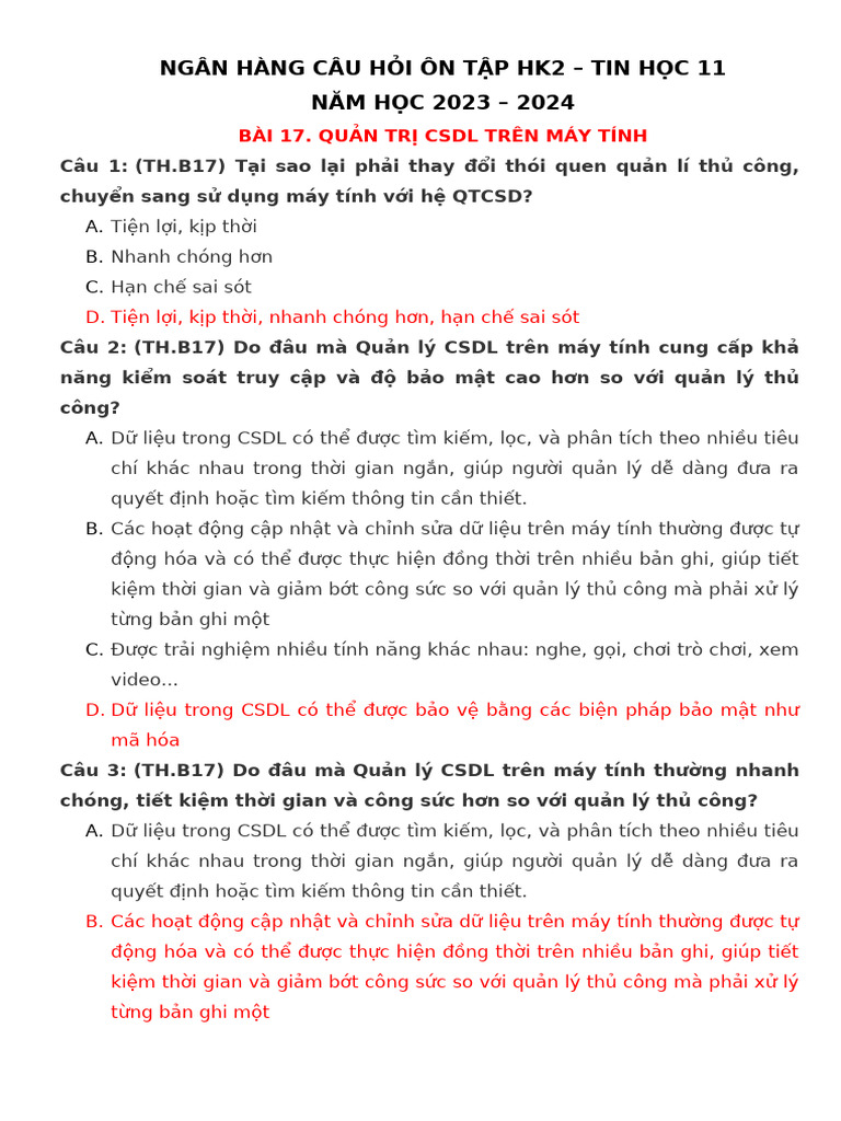 Ngan Hang Cau Hoi Tin Hoc 11-hk2 | PDF