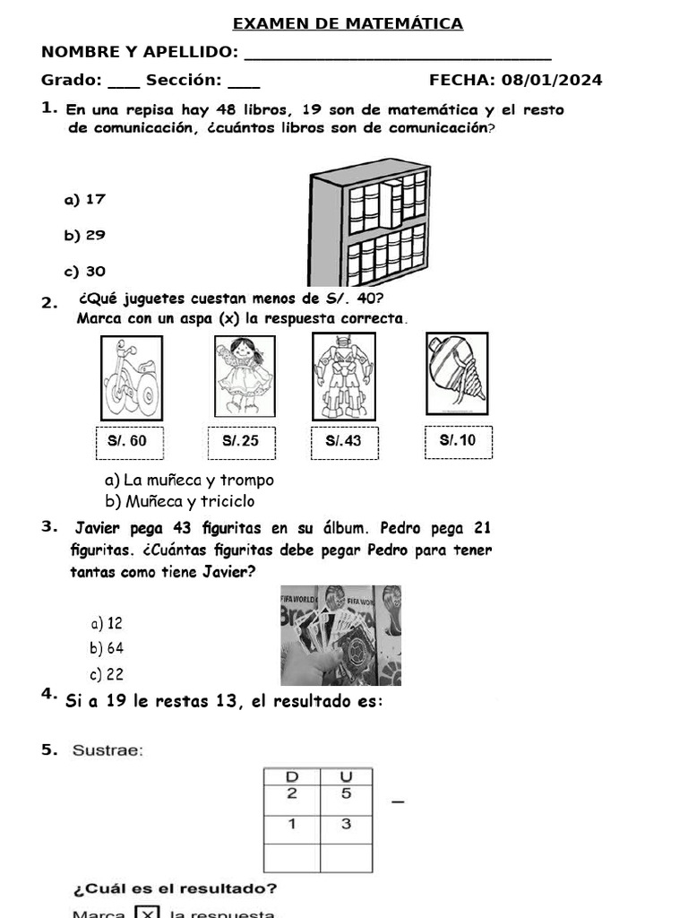 EXAMEN DE MATEMATICA 2DO GRADO | PDF