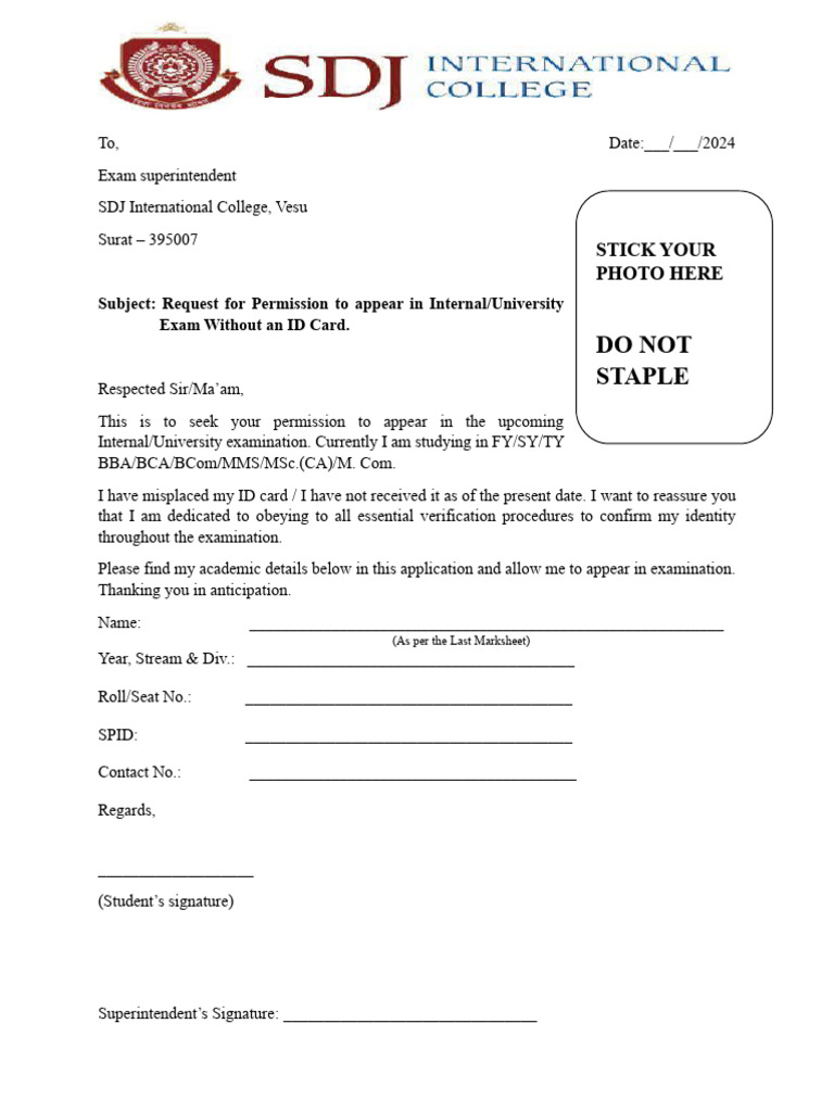 Application For Permission To Attend Exam Without ID Card | PDF