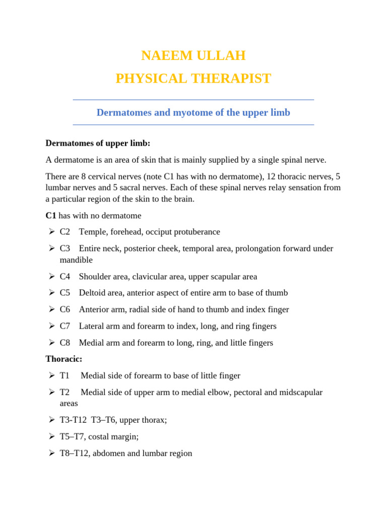 Dermatom and Mytom of Upper and Lower Limb | PDF