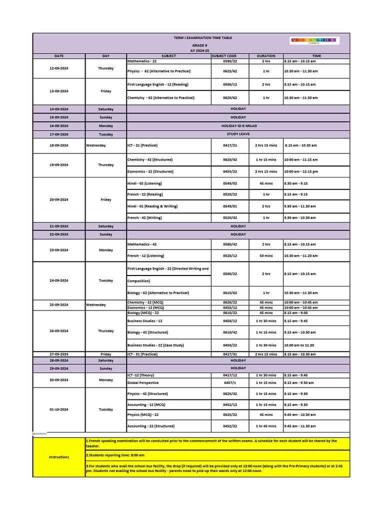 Term 1 - Grade 9 - Time Table - AY 24-25 | PDF