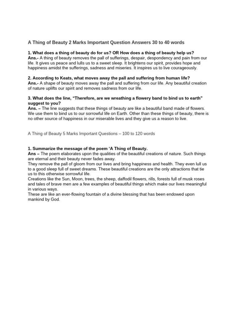 A Thing of Beauty: Key Question Answers | PDF